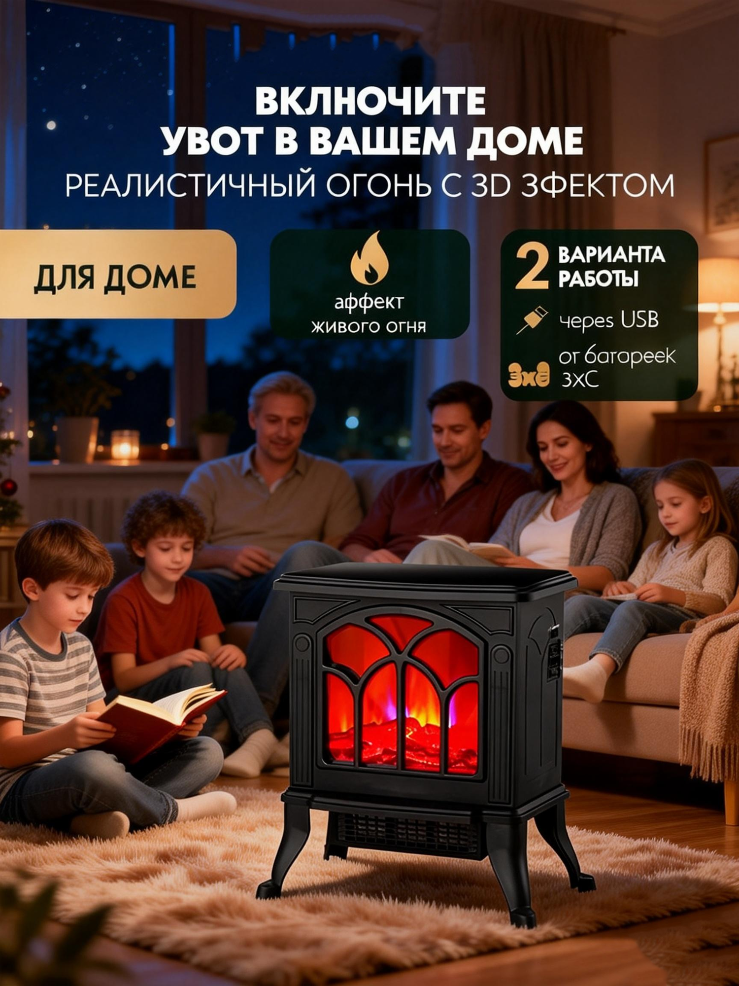 Камин электрический напольный, с обогревом и имитацией огня (Электрокамин)