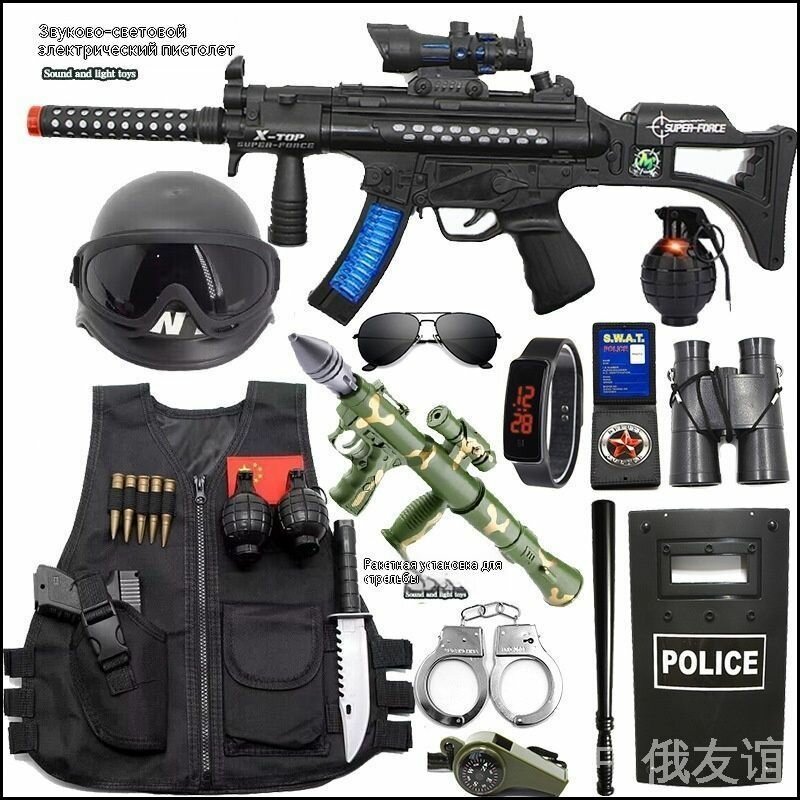 Эксклюзивный комплект для мальчика 69 лет представлен бестселлером, игрушечной ракетницей, защитным щитом и костюмом спецназа