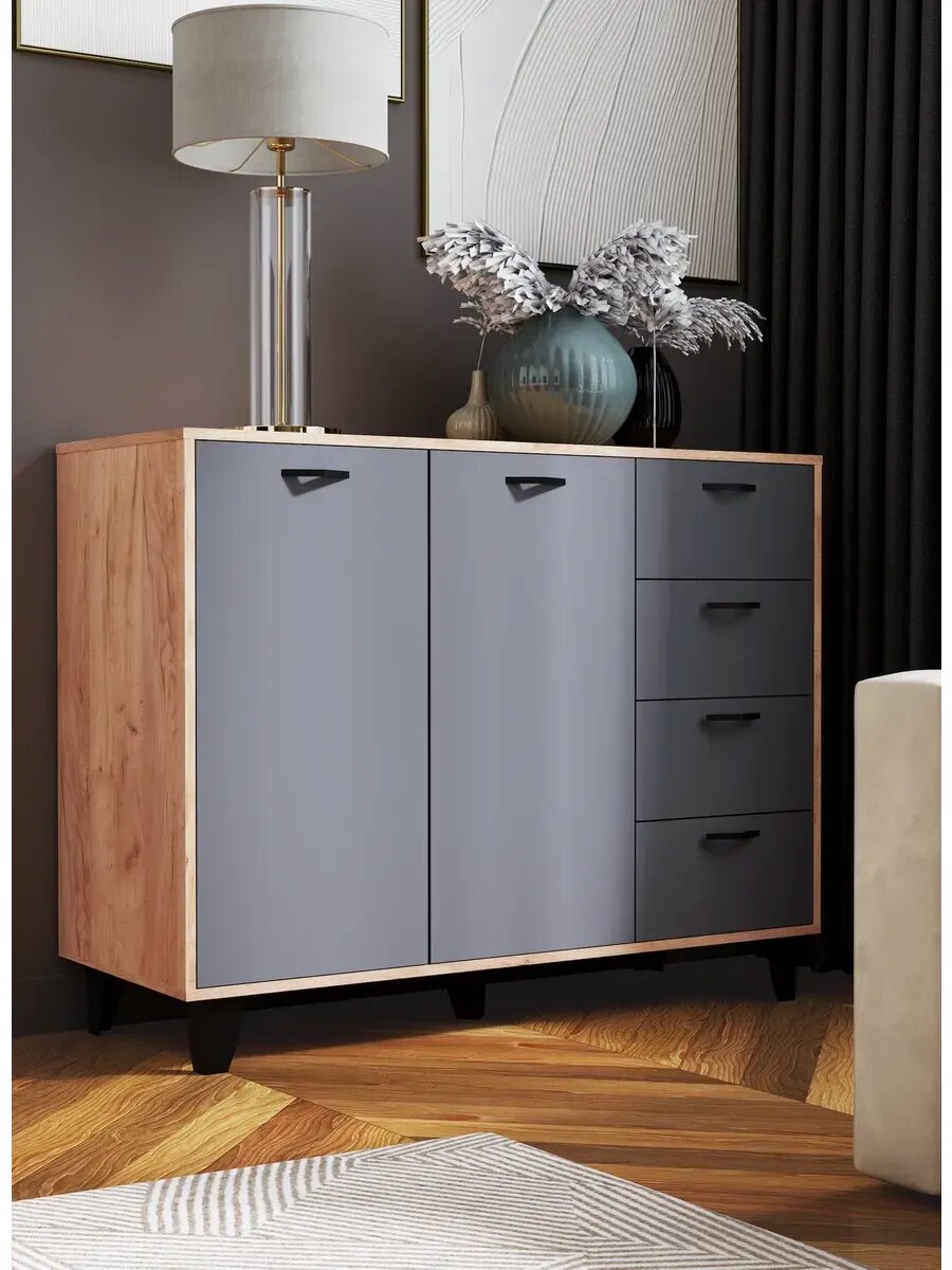 Комод с ящиками и распашными дверцами, 120х45х95 см, Графит, ЛДСП, Катрин 12