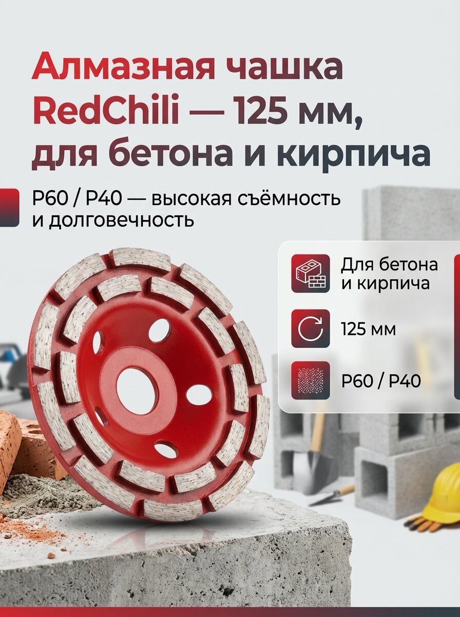 Алмазная чашка RedChili, для бетона и кирпича, 125 мм, P60/P40