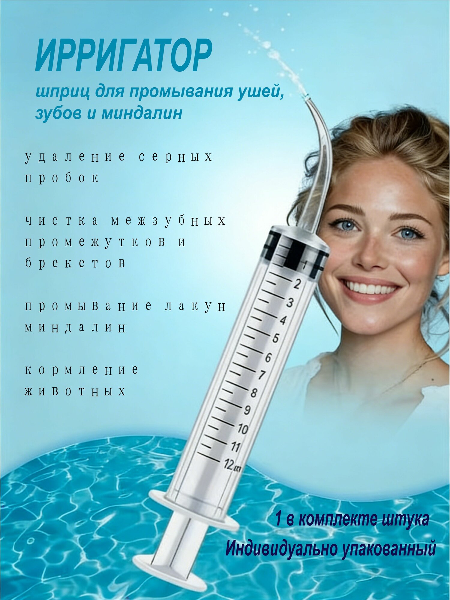 Шприц ирригатор для промывания и очищения ушей, зубов и миндалин, шприц-ирригатор с тонким носиком-наконечником для удаления серных пробок, 12 мл, 1 шт