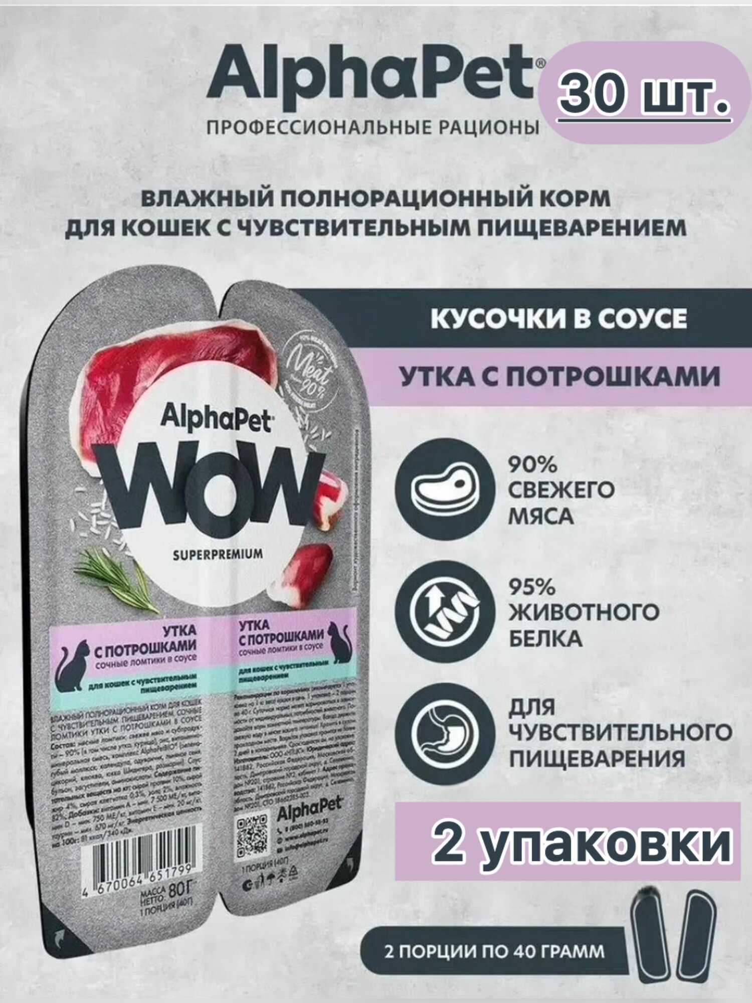 Влажный корм для кошек с чувствительным пищеварением 30шт х 80г AlphaPet WOW Superpremium, Утка и потрошки