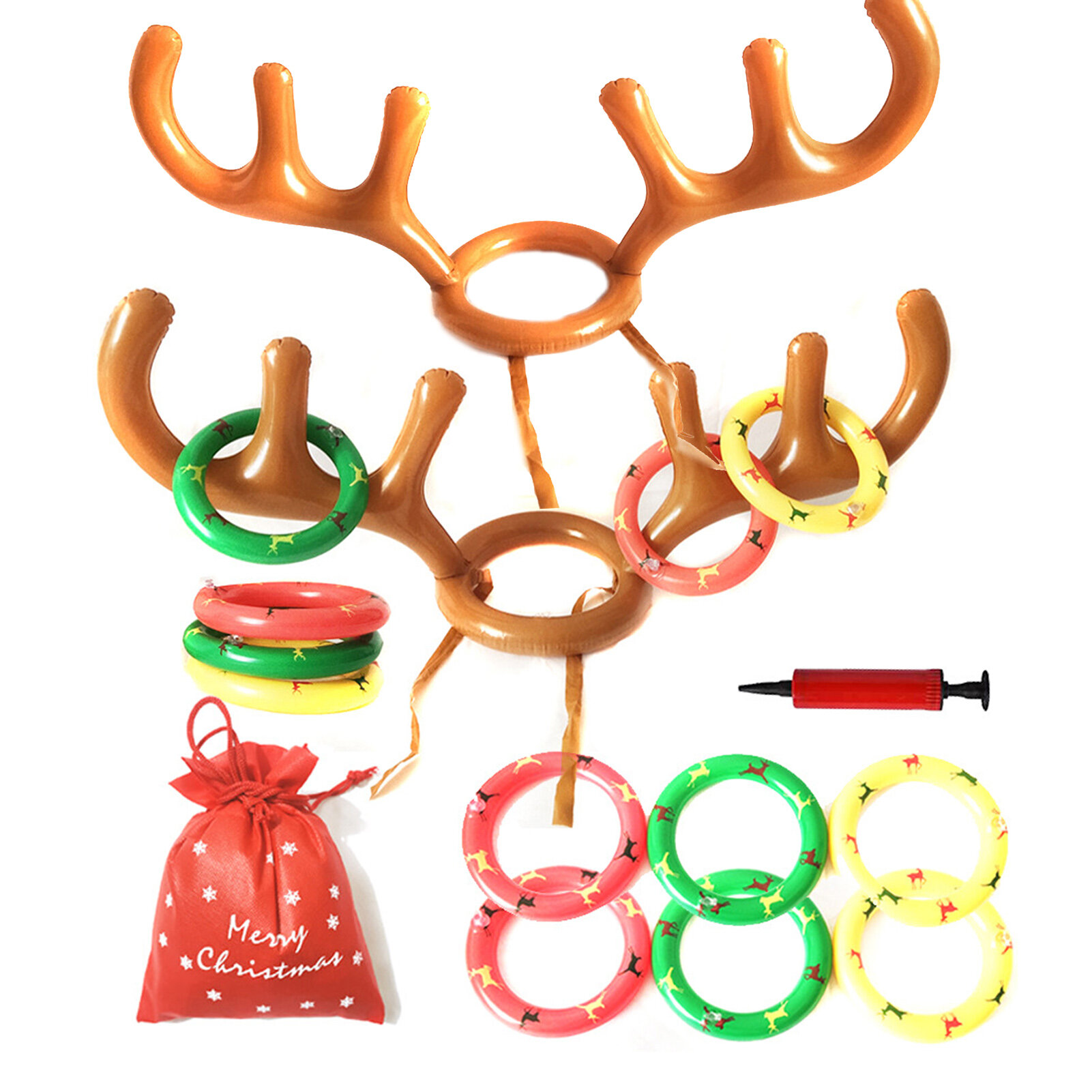 Набор для игры в бросок колец с рождественскими северными оленями 16 штук: 2 шапки с рогами, 12 колец, 1 насос, 1 сумка для хранения, игра Рудольф для детей, семьи, рождественских праздников, вечеринок, помещений и открытого воздуха