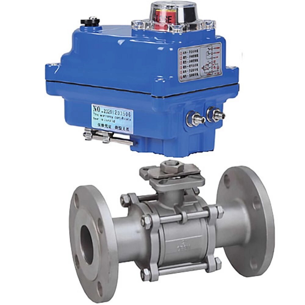 Кран шаровой DN.ru кшфпт-iso.304.180 Ду20 Ру40 полнопроходной трехсоставной, нержавеющая сталь SS304, фланцевый, уплотнение - PTFE, с электроприводом DN.ru 003 blue 24В