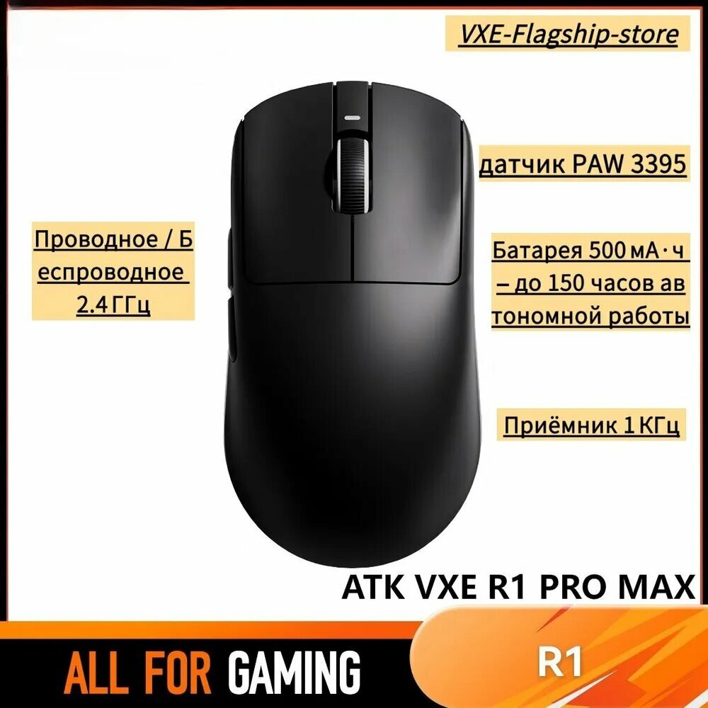 VXE Игровая мышь беспроводная VXE R1 Pro Max, черный, светло-серый
