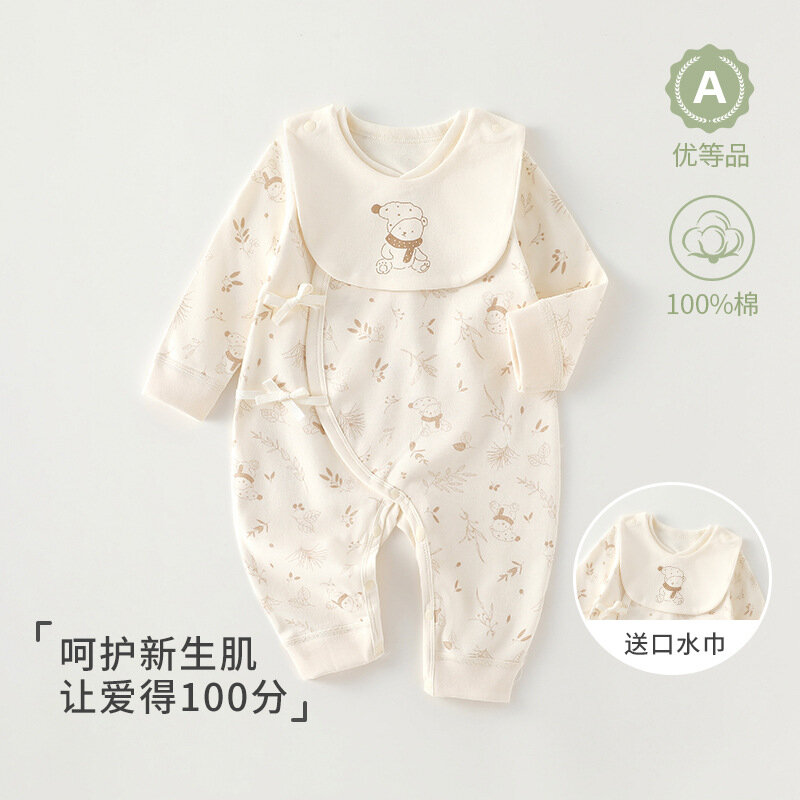 2026 Новейший осенний комбинезон для новорожденных из чистого хлопка, класс А, без косточек, для младенцев и малышей, с шнуровкой и бабочкой, с водонепроницаемым слюнявчиком