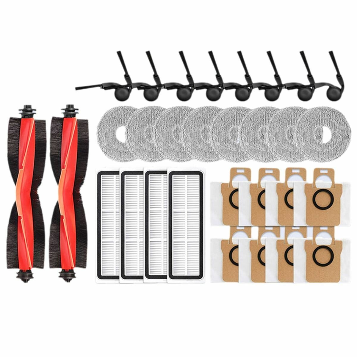 Запасные части для робота-пылесоса Xiaomi Robot Vacuum 5 PRO/ OV21CN: основная боковая щетка, салфетка для влажной уборки, HEPA-фильтр, пылесборник.