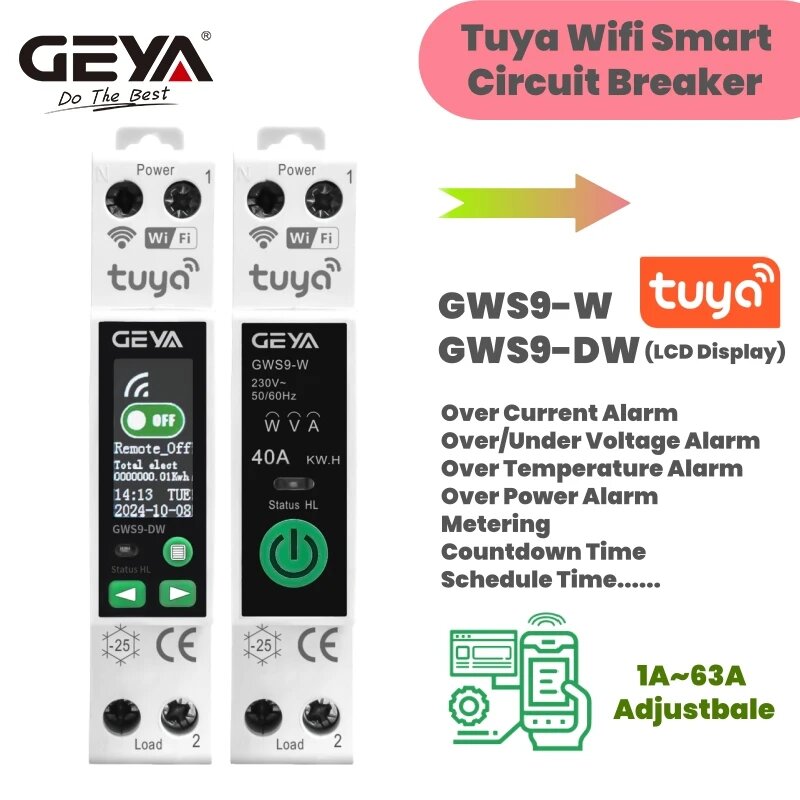 GEYA GWS9 TUYA WIFI Умный автомат с измерением GWS9-DW LCD Display