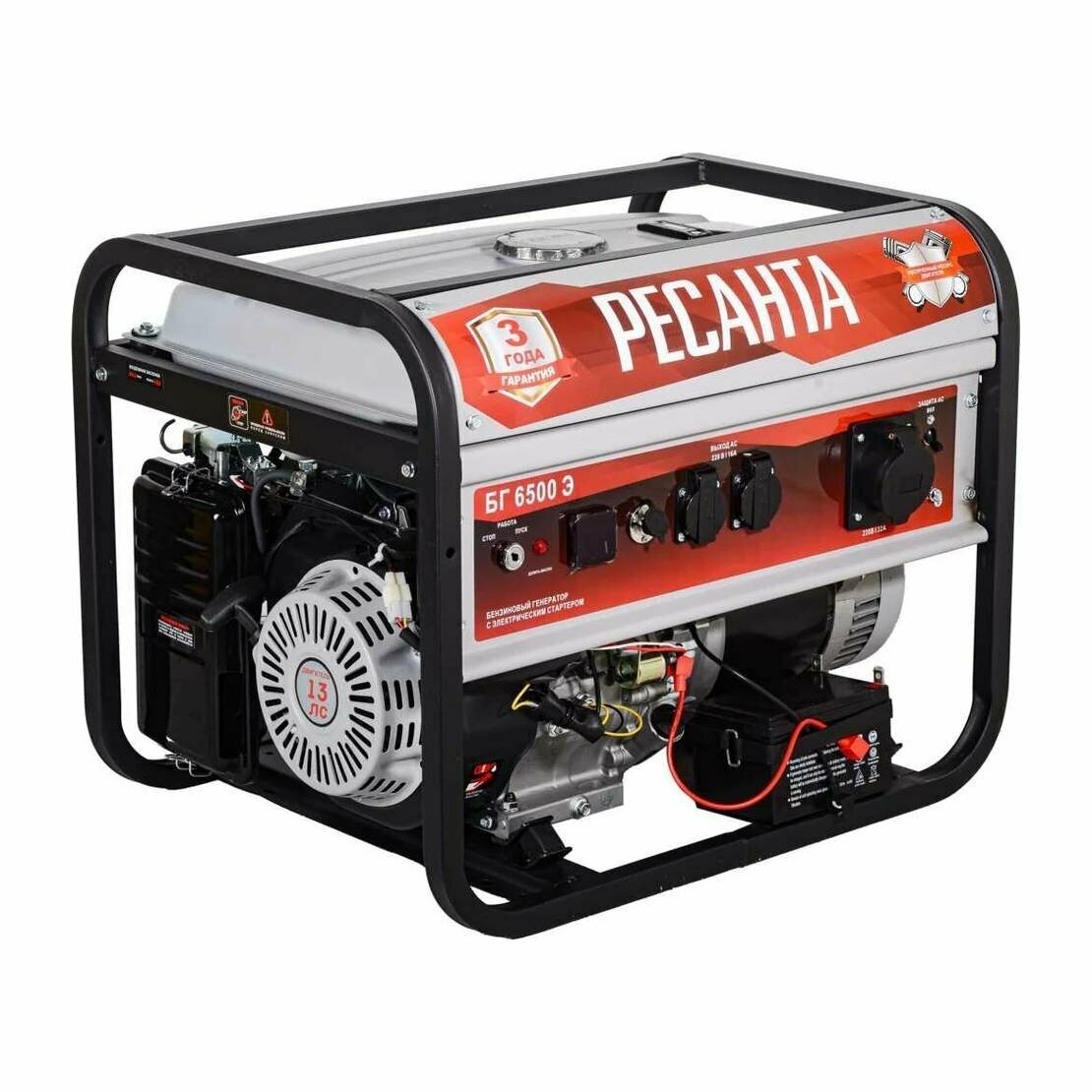 Генератор бензиновый Ресанта БГ 6500 Э, 5 кВт/13 л. с, 4-х тактный, бак 22 л, 1.62 л/ч, красный