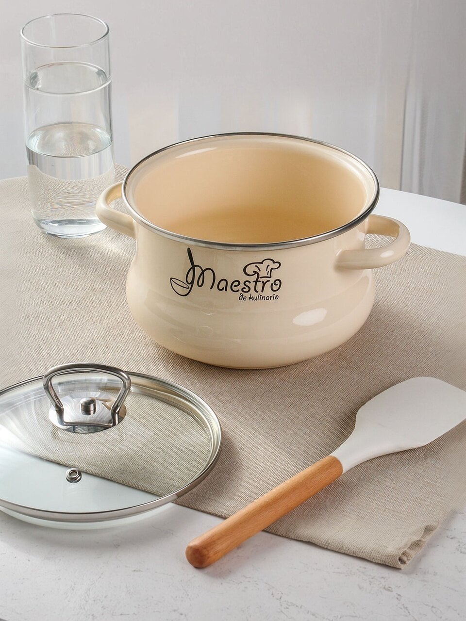 Кастрюля эмалированная СтальЭмаль Маэстро 2 л, 16 см, бежевая, стеклянная крышка, для индукционных плит