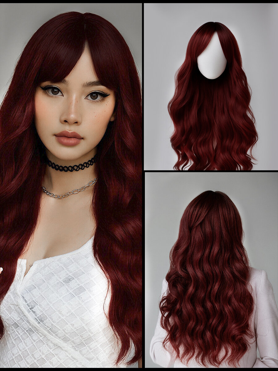 Женский парик HAIR COLLECTION имитация натуральных волос, длинные волосы, с челкой, гранатовый цвет, 70 см