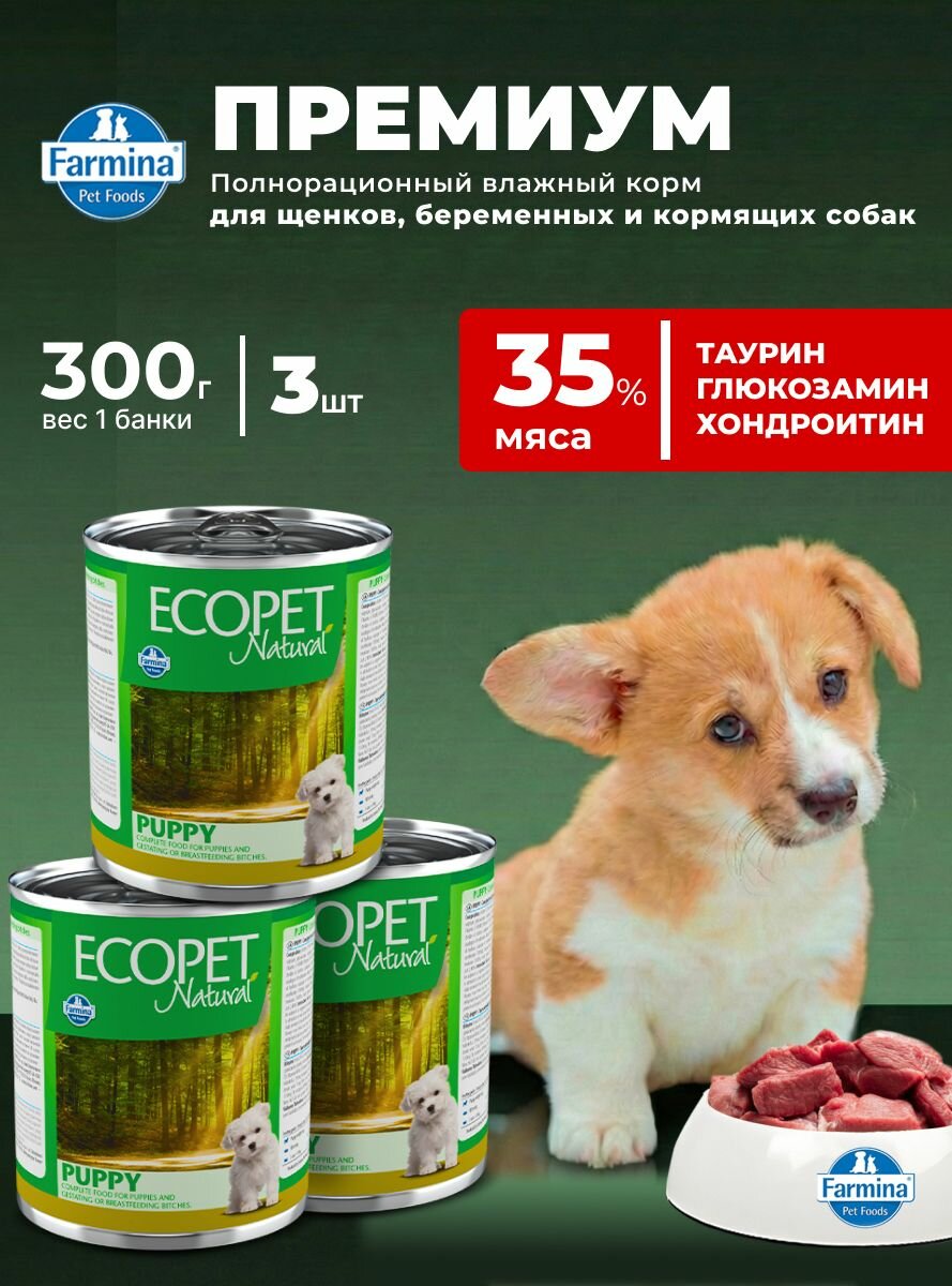 Влажный полнорационный корм для щенков, беременных и кормящих собак. 3шт х 300гр Экопет Нейчурал