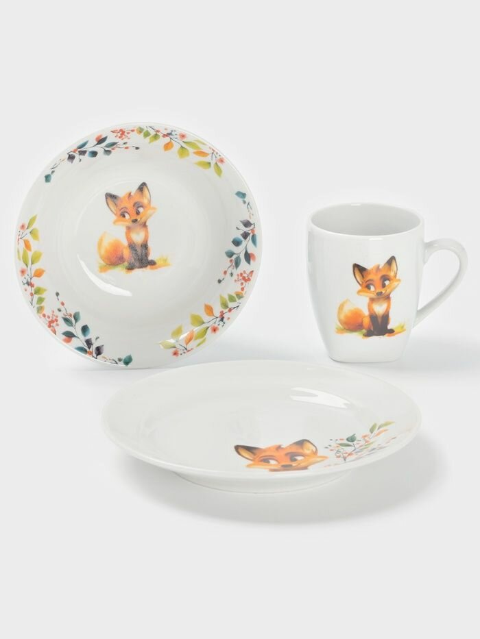 Набор детской посуды Дулевский фарфор Лисичка , 3 предмета: тарелка 175 мл, миска 360 мл, кружка 210 мл, белый