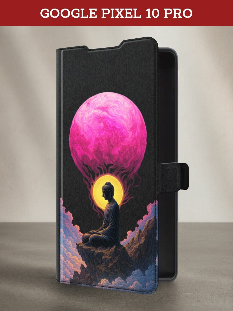 Чехол-книжка на Google Pixel 10 Pro / Гугл Пиксель 10 Про с принтом Монах на розовой луне 3, черный