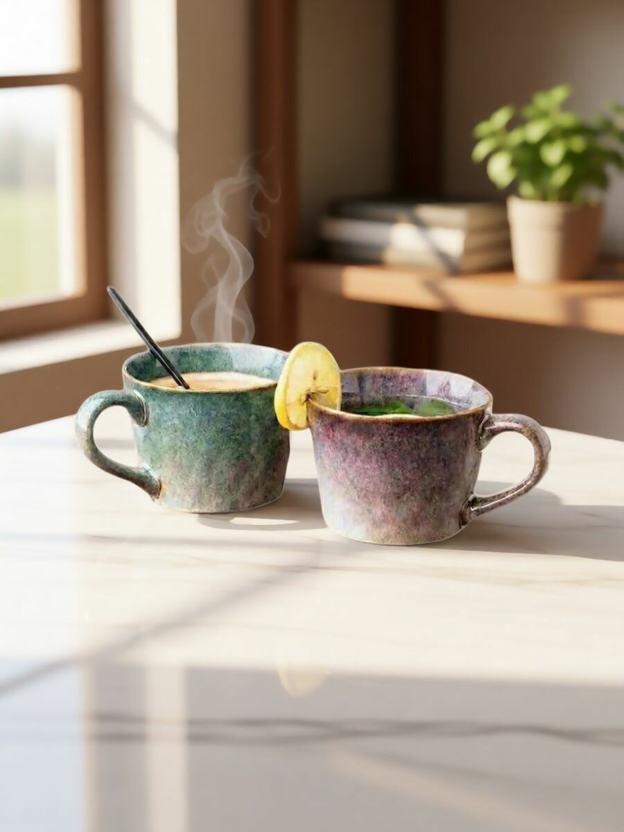 Набор кружек. Фарфоровые Подарочные Чашки для чая, кофе, какао, супа. Стаканы для холодных и горячих напитков для 2 персон, 2 предметов. Голубая Лагуна 350 мл.