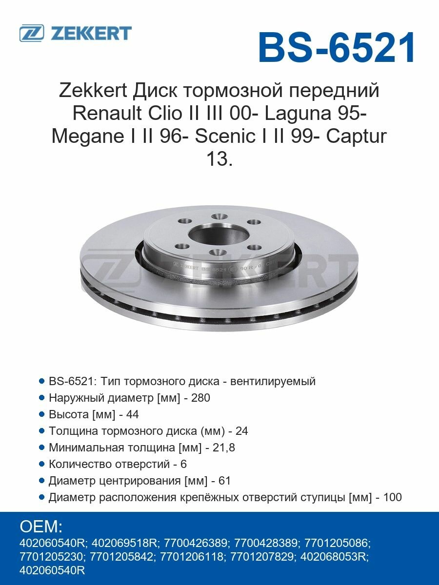 Zekkert Диски тормозные передний Renault Clio II III 00- Laguna 95- Megane I II 96- Scenic I II 99- Captur 13.