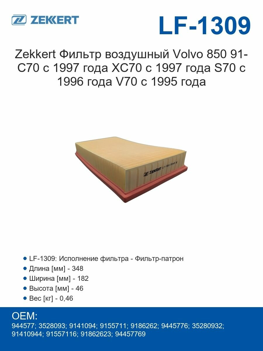 Zekkert Фильтр воздушный Volvo 850 91- C70 с 1997 года XC70 с 1997 года S70 с 1996 года V70 с 1995 года