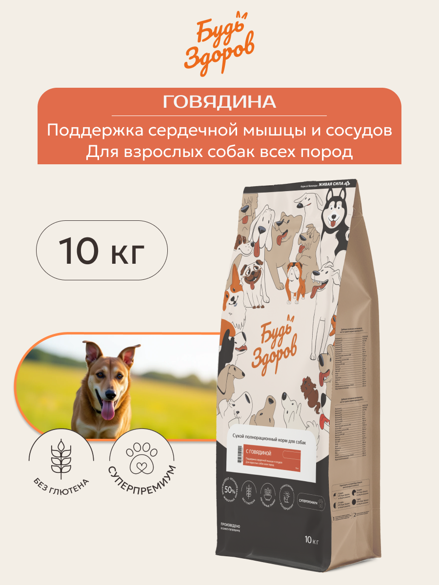 Будь здоров Корм для взрослых собак всех пород от 1 года с говядиной, Крупная гранула (10 кг)
