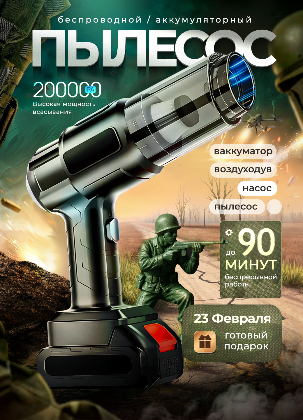 Автомобильный пылесос беспроводной, для уборки салона и дома, мощный