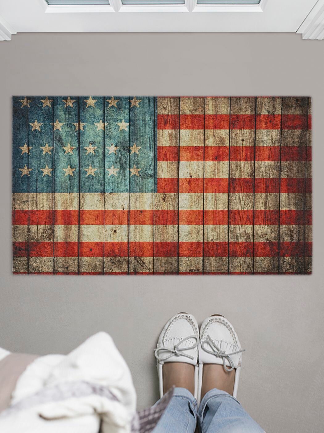 Коврик придверный в прихожую с принтом "Флаг США на рейках" 45 на 75 см , JoyArty