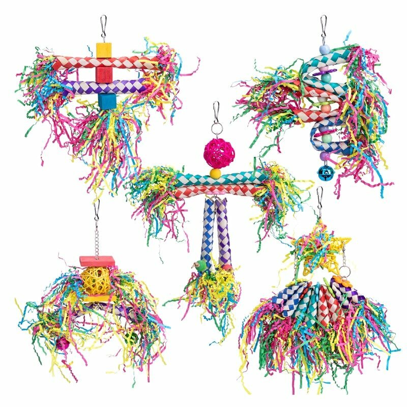 Игрушки Для Измельчения Птиц из 5 Частей, Деревянные Блоки, Красочные Попугаи, Жующие Корм, Подвесная Игрушка для Попугаев, Любящие Птиц, Волнистые Попугайчики
