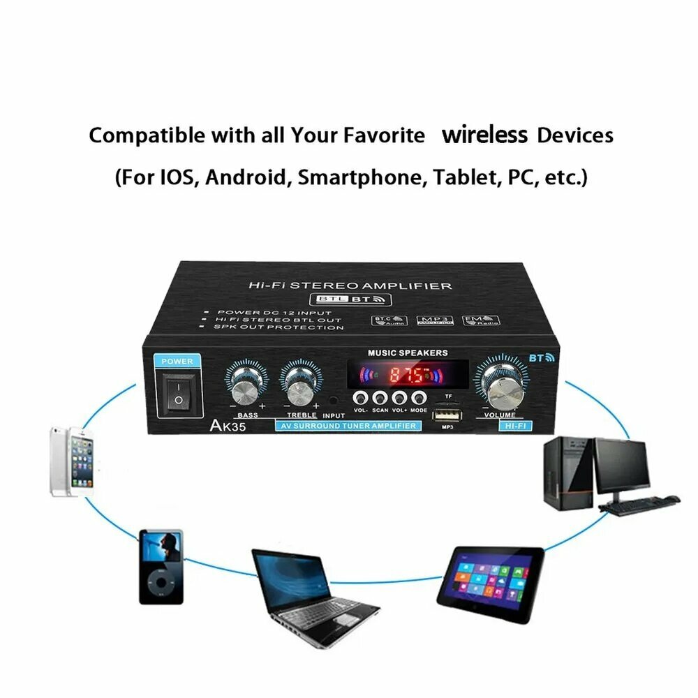Усилитель звука AK35, 90 Вт, Bluetooth, поддержка MP3, FM, регулировка тембра, 2.0 канала