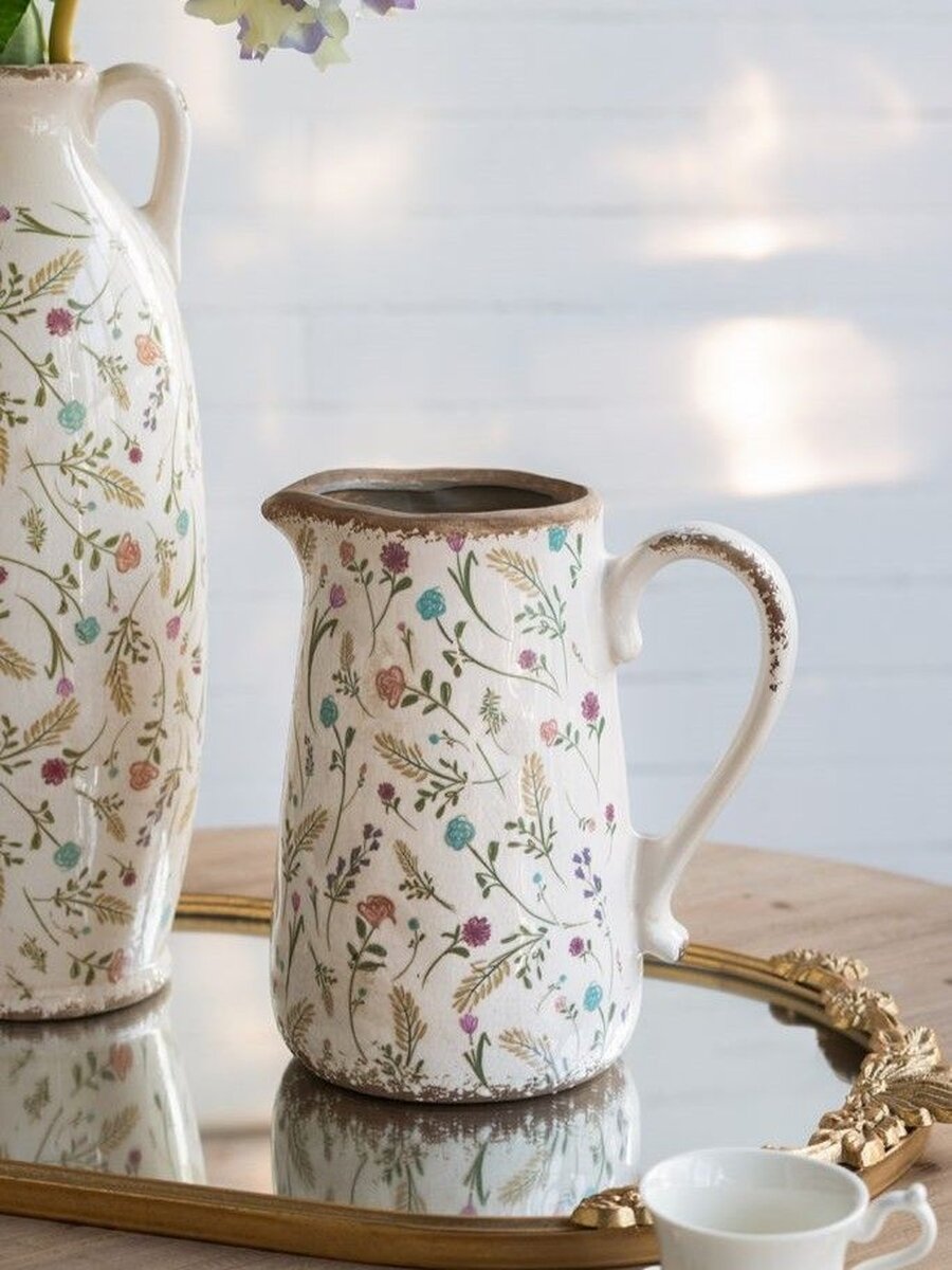 Декоративный кувшин Glasar "Полевые цветы" C8224, керамика, настольный, 23х15 см, бежевый