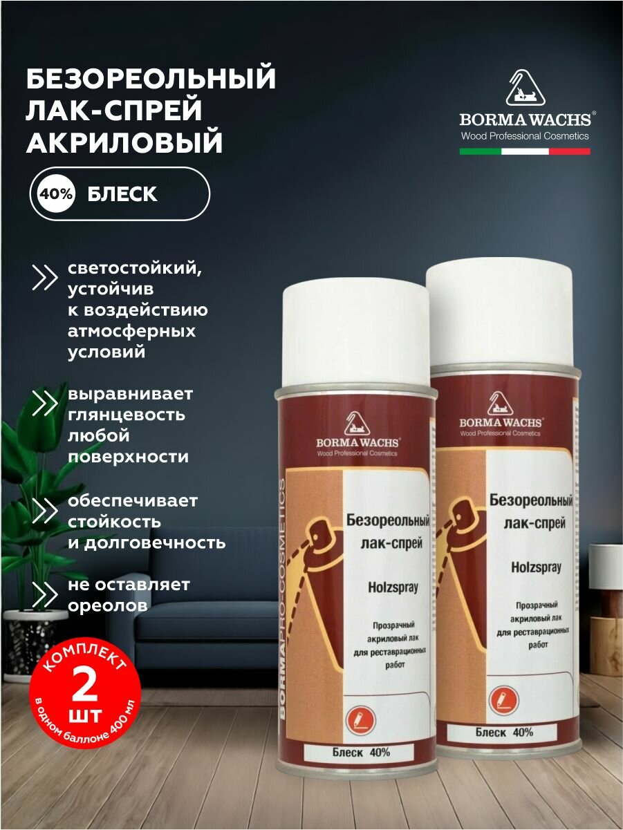 Лак спрей для реставрационных работ акриловый Holzspray 40% блеск 400 мл. х 2 шт.