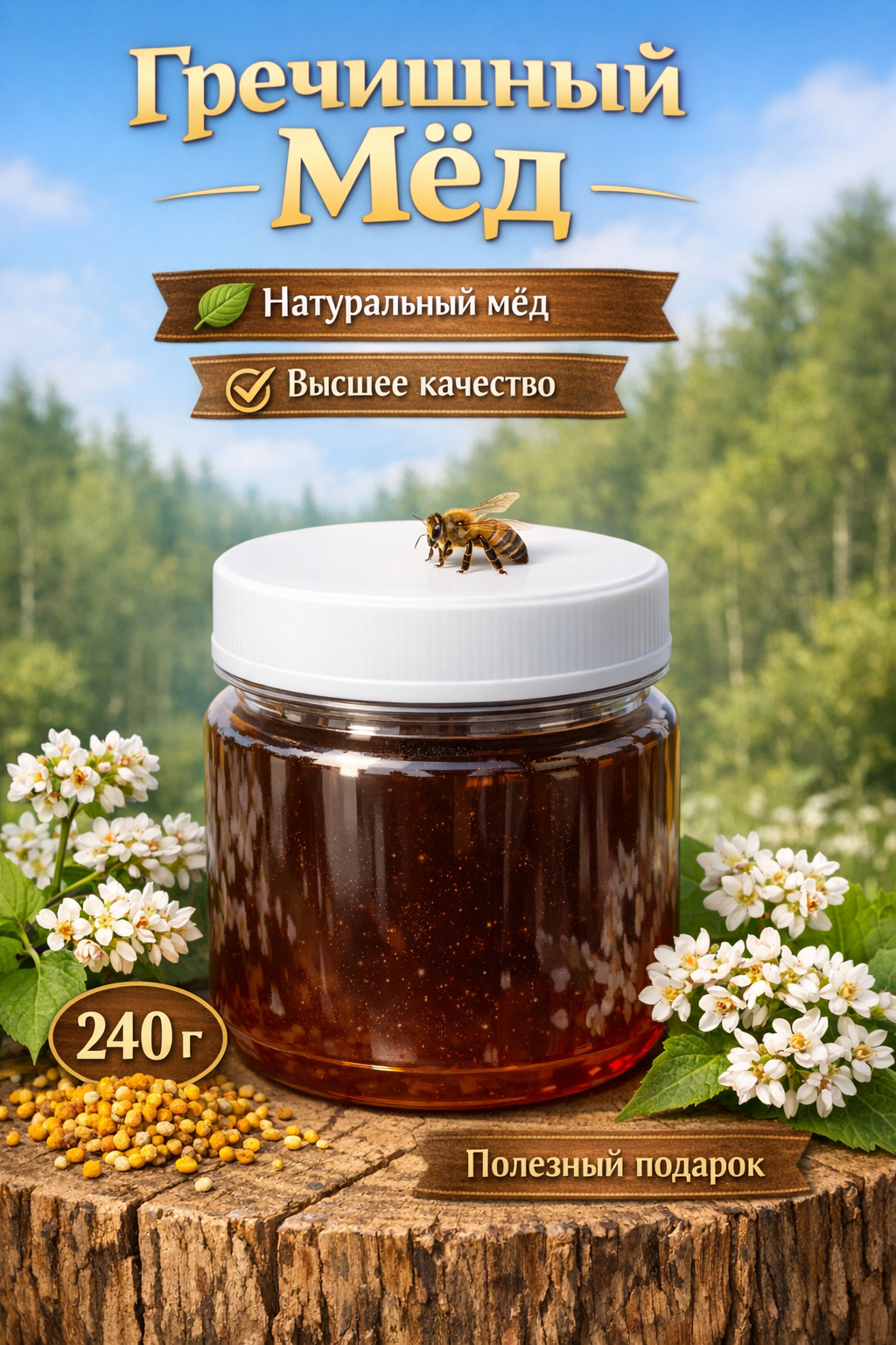 Башкирский Гречишный мёд, Натуральный, без сахара. 240г Богат железом.