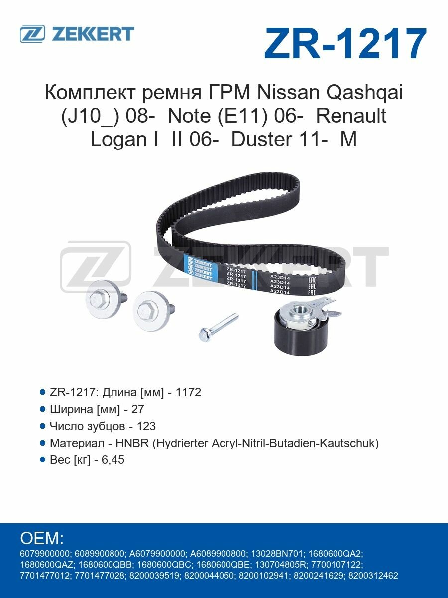 Zekkert Комплект ГРМ для Nissan Qashqai (J10_)/ Note (E11)/ Renault Logan/ Duster/ Megane 2,3