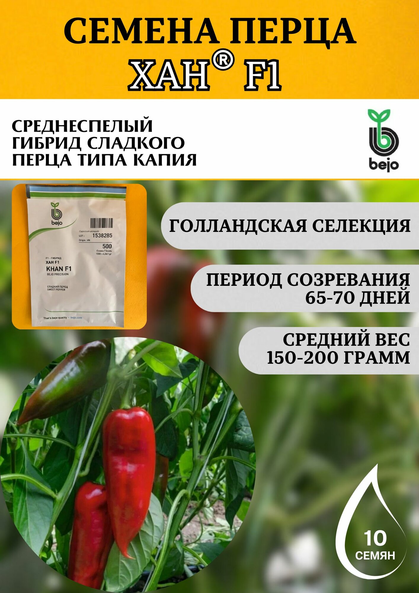 Перец сладкий Хан F1 Bejo 10 семян, профессиональные семена