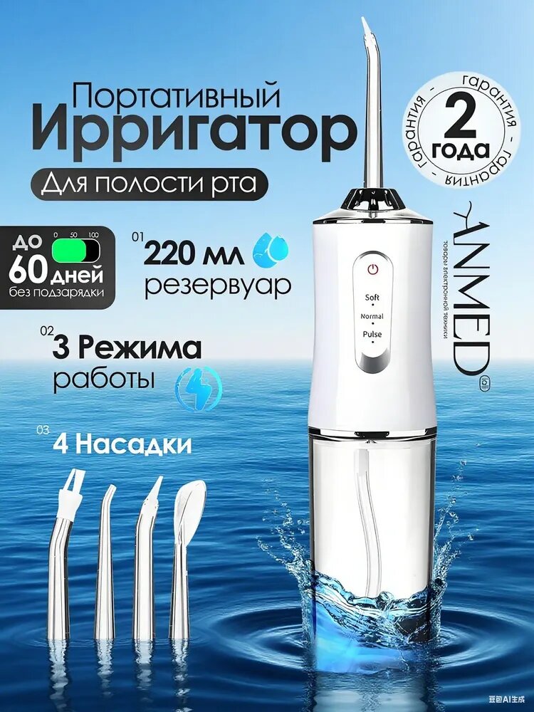 Ирригатор LG260A 4 насадки, 60 дней, очищает зубы и десны