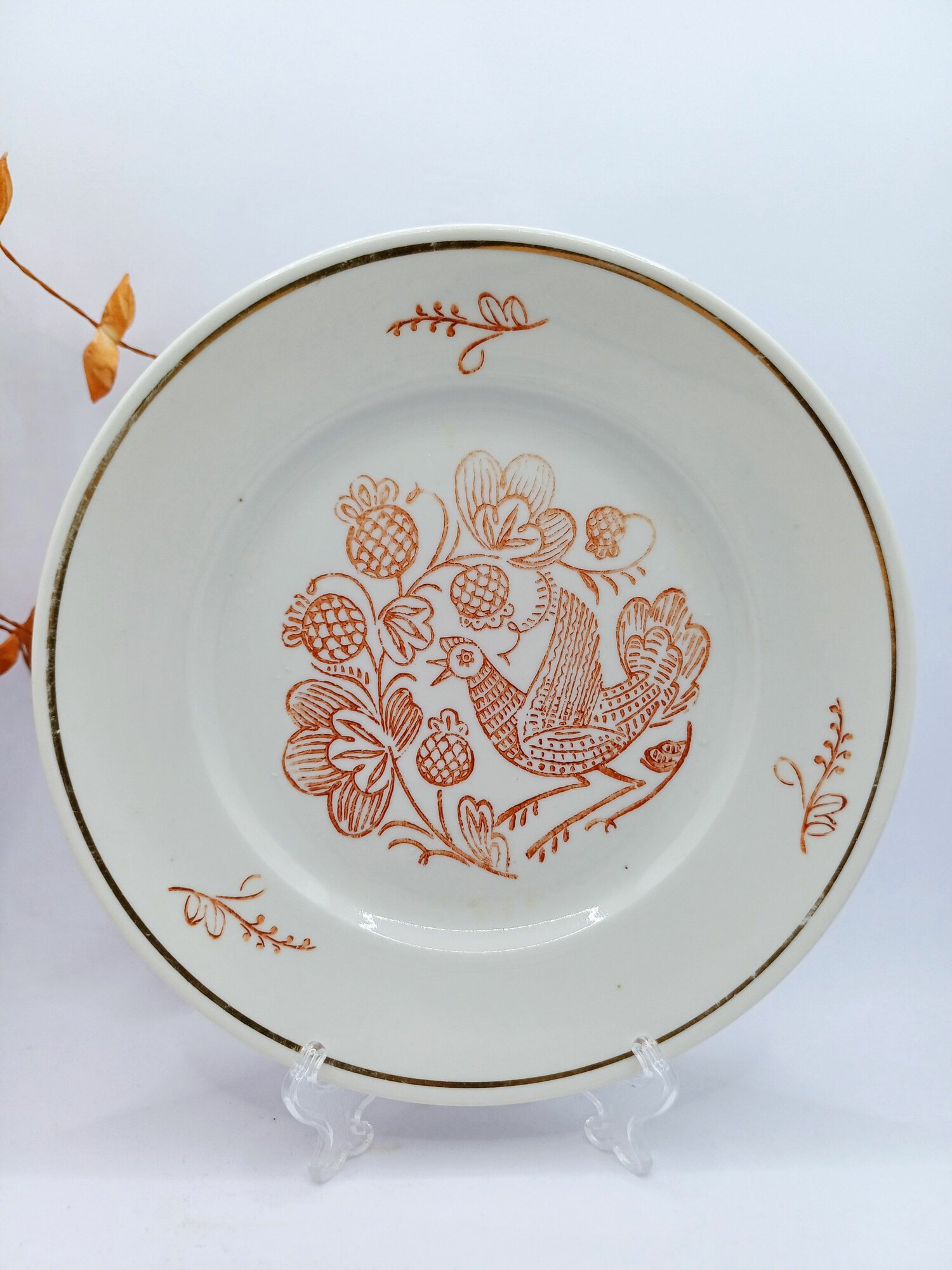 Тарелка плоская с рисунком Петушок винтажная, фарфор, ДФЗ Вербилки СССР