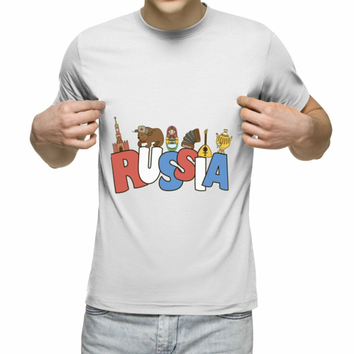 Мужская футболка «Russia в символах: весёлый микс» (белый, S)