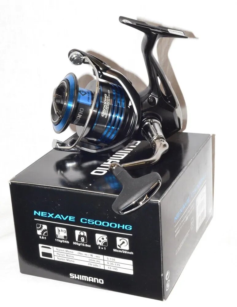 Shimano Nexave C5000HG Безынерционная Катушка для Спиннинга и Фидера, Синяя/Черная, 3+1 Подшипника