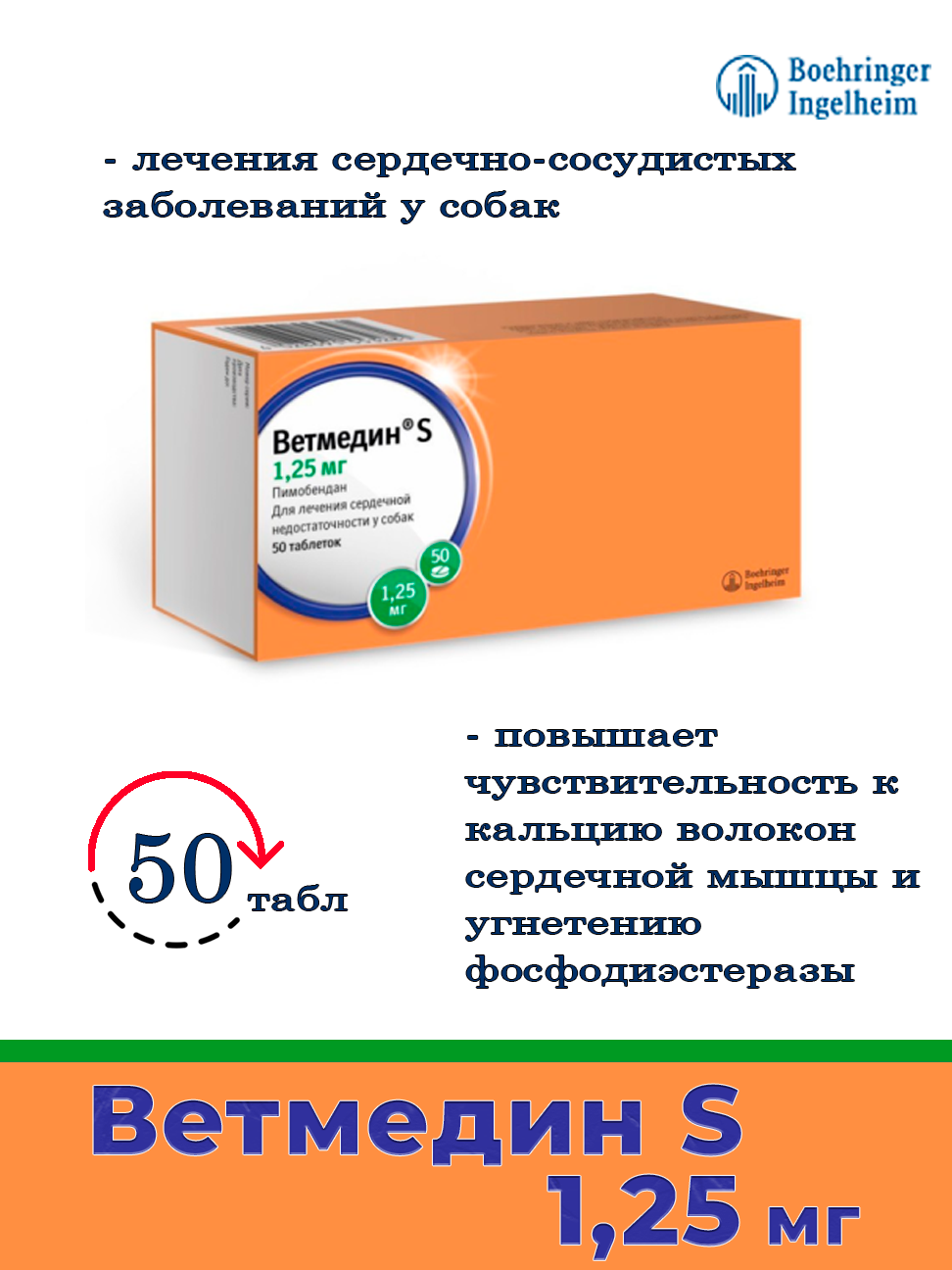 Ветмедин 1,25 мг, 50 таблеток при сердечной недостаточности, для собак
