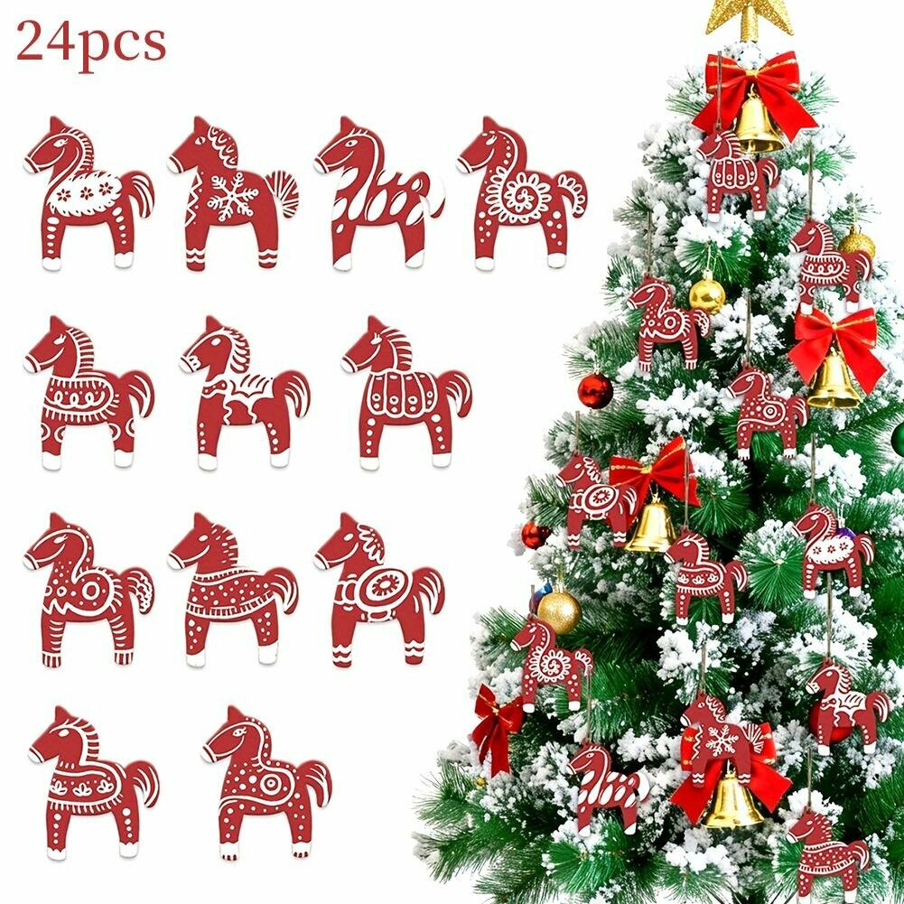 Набор из 12/24 расписанных вручную красных деревянных рождественских украшений в виде шведской лошадки Дала, выполненных в стиле народного искусства. Подвески для елки, венка, гирлянды, подарок и праздничное украшение для дома.