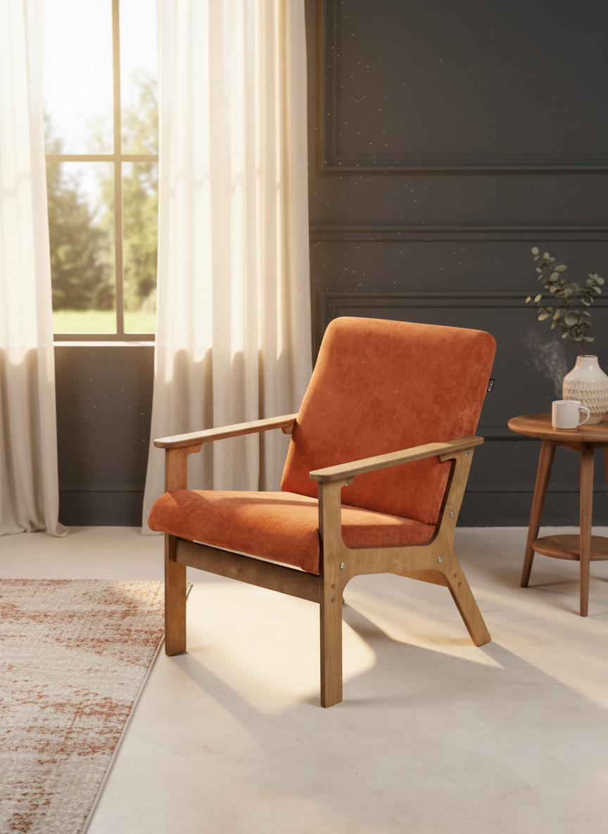 Кресло для отдыха "ретро мини" с низкой спинкой от "Мягкой посадки", терракотовый велюр + светлые ножки