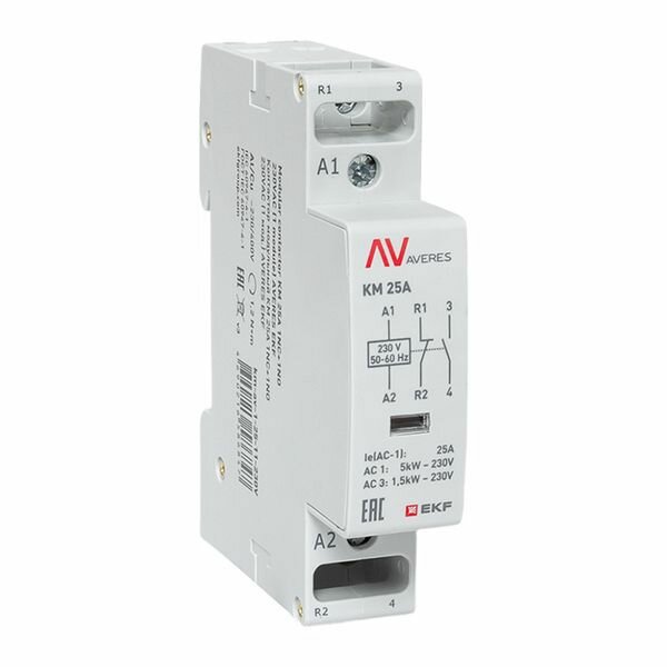 Контактор модульный КМ 25А 1NC+1NO 230VAC (1 мод.) AVERES, EKF KM-AV-1-25-11-230V (1 шт.)