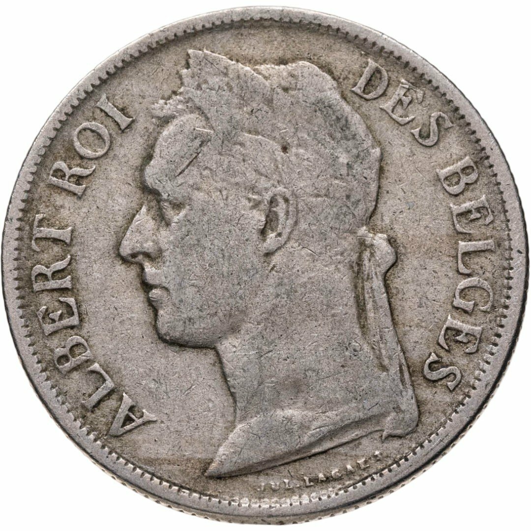 Бельгийское Конго 1 франк franc 1920 Надпись на французском - 'ALBERT ROI DES BELGES', Мельхиор медь-никель, в сохранности VF
