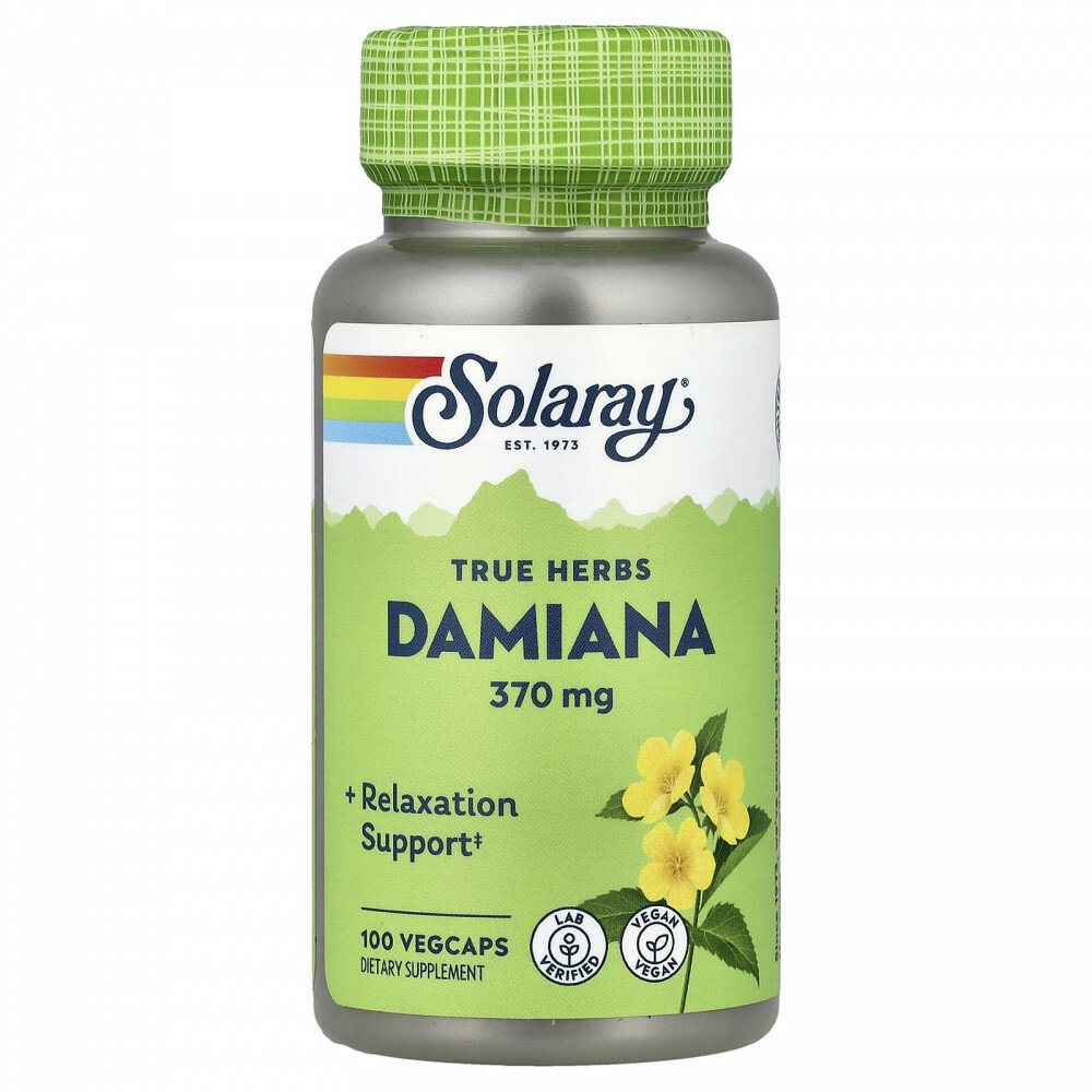 Solaray, True Herbs, дамиана, 370 мг, 100 растительных капсул