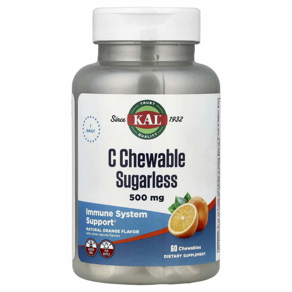 KAL, жевательная добавка C без сахара, натуральный апельсиновый вкус, 60 жевательных таблеток