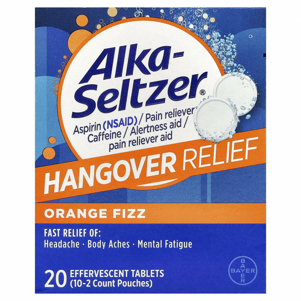 Alka-Seltzer, От похмелья, апельсиновая шипучка, 10 пакетиков, по 2 шипучие таблетки