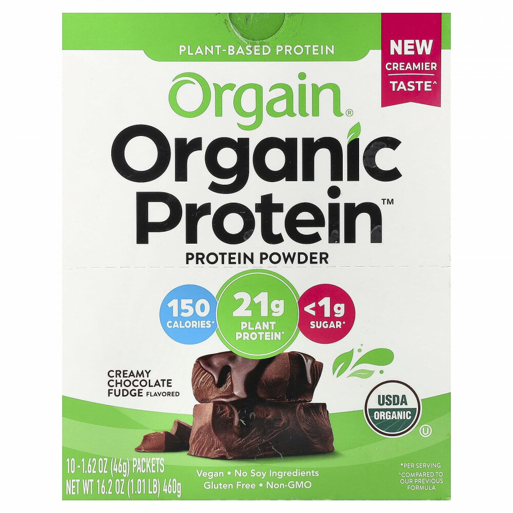 Orgain, Organic Protein™, порошок из растительных ингредиентов, шоколадная помадка, 10 пакетиков по 46 г (1,62 унции)