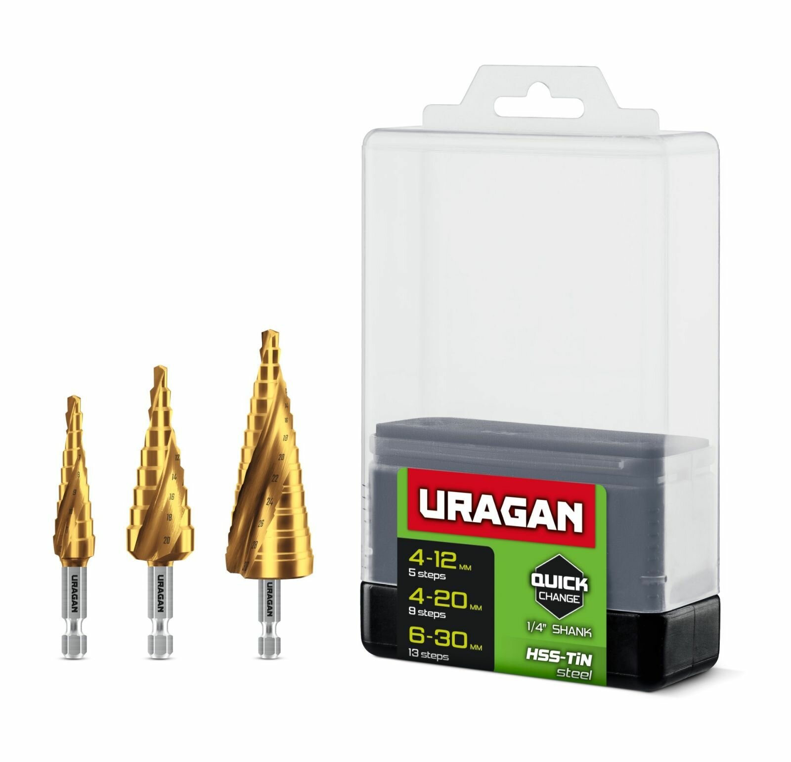 Набор сверл URAGAN ступенчатых, 4-30 мм, винтовая спираль, 3 шт