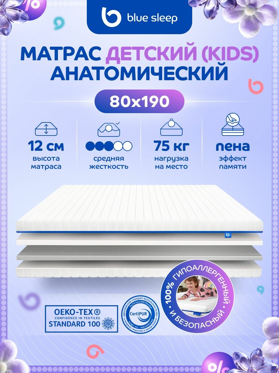 Матрас детский 80x190 беспружинный в кроватку ортопедический для сна Blue Sleep для Детей