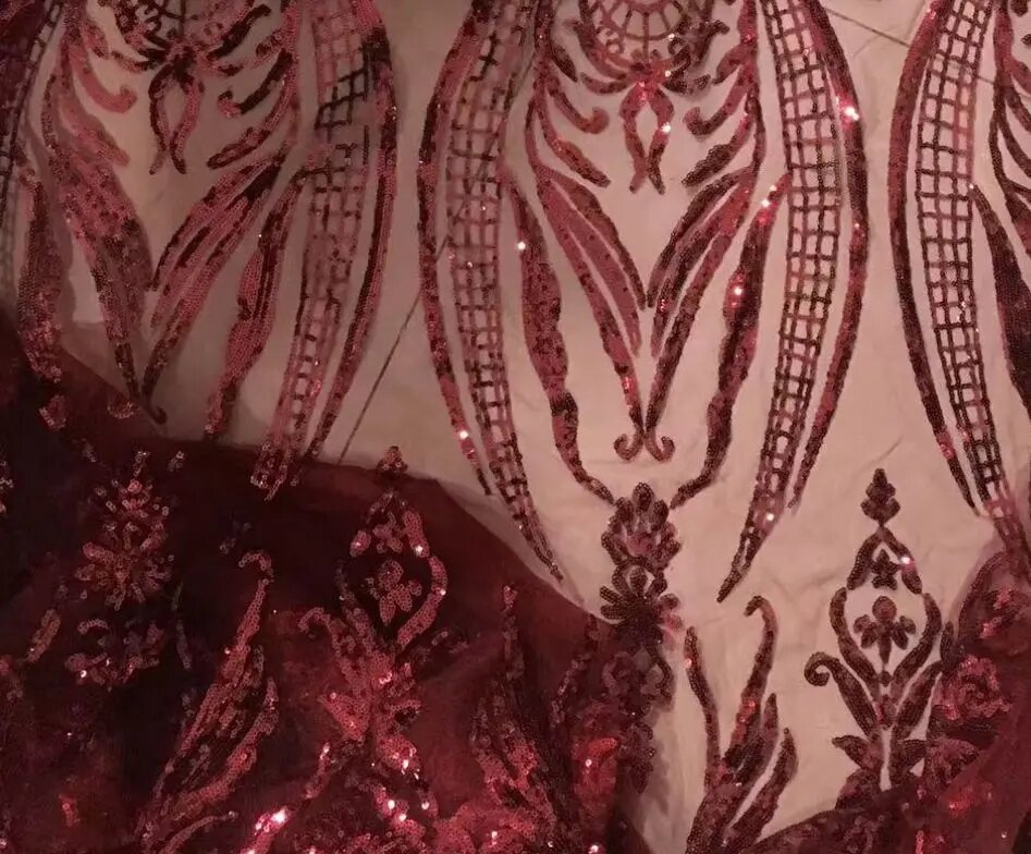 Бордовая кружевная ткань с пайетками, Wine Red
