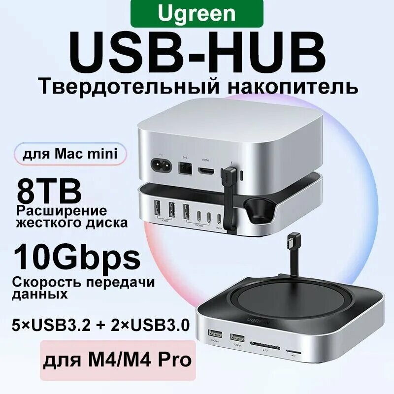 USB-разветвитель для Mac mini M4 с док-станцией, адаптером M.2 NVMe и основанием-подставкой расширение памяти и портов с защитой питания