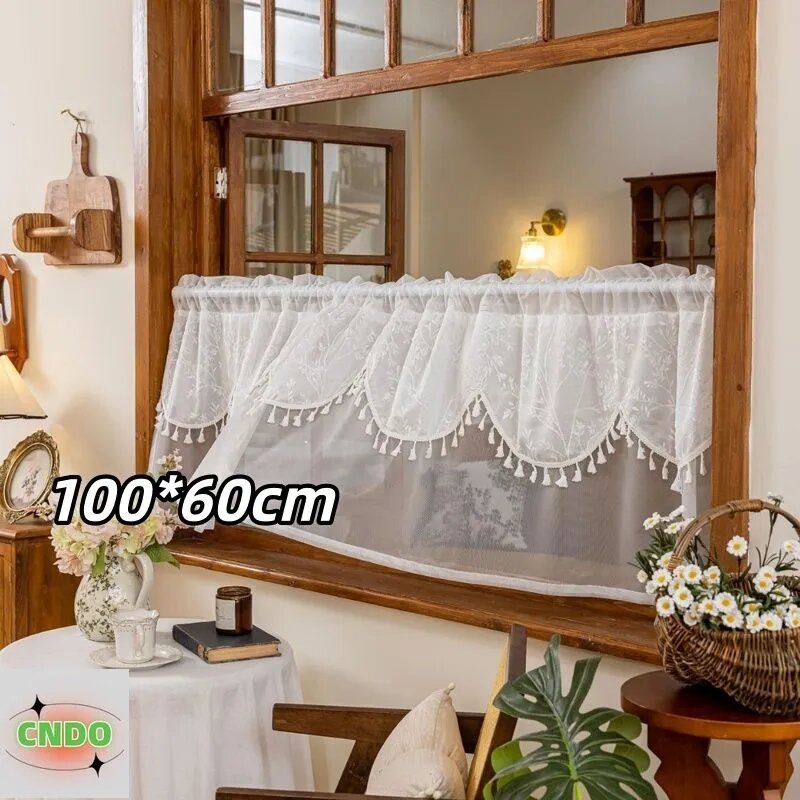 Штора короткая тюль 100х60 см белый кухонная, вуаль с цветочным узором