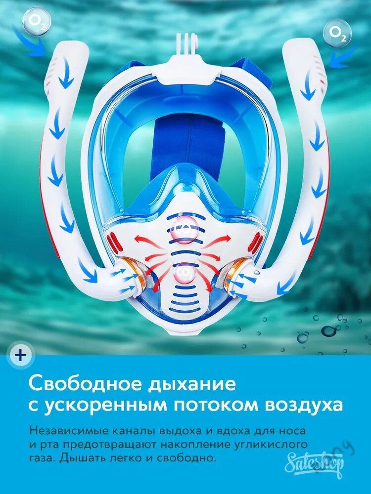 Полнолицевая маска для плавания S/M для снорклинга и подводной охоты с креплением для экшн-камер